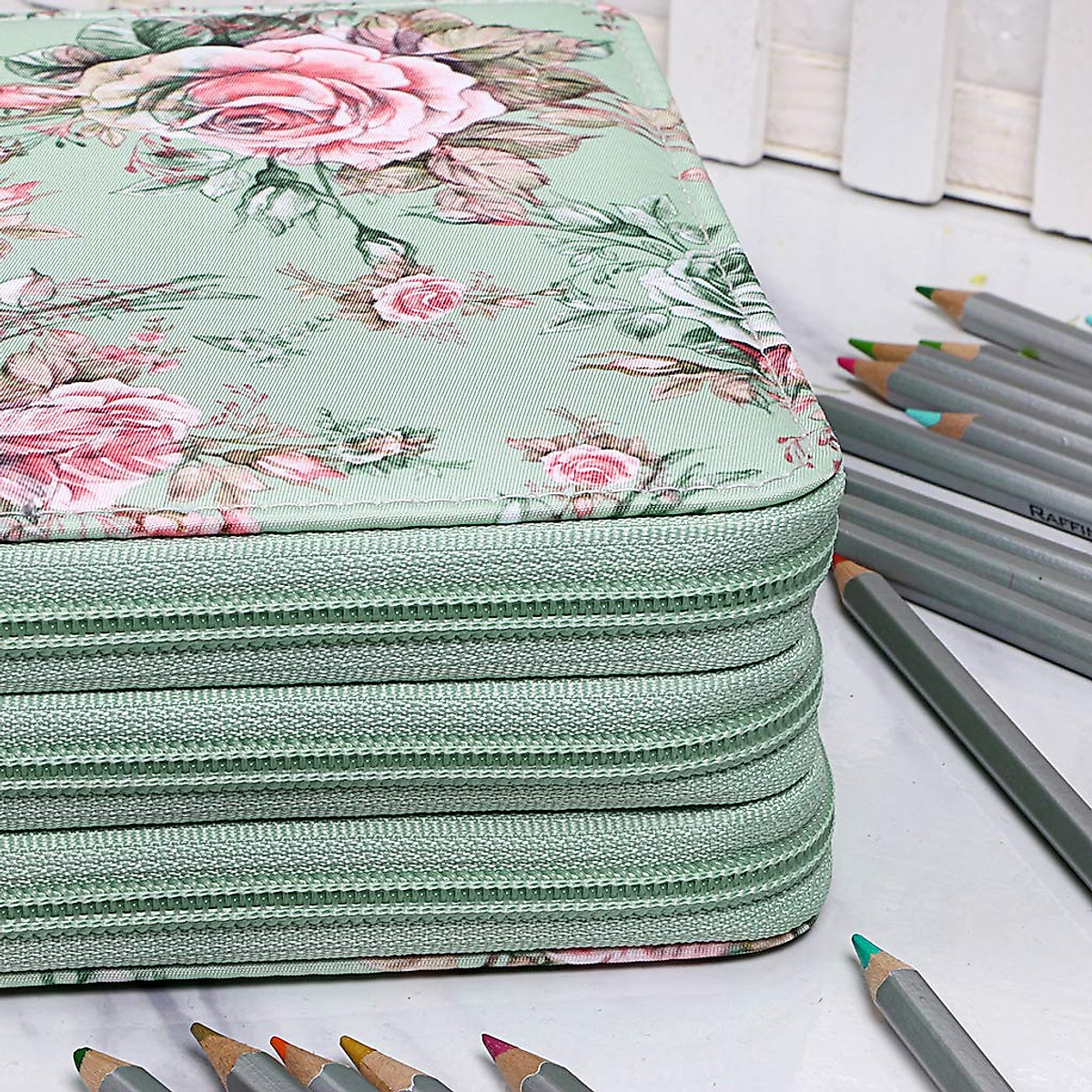 BTSKY Zippered Pencil Case-Canvas 72 Slots Handy Pencil Holders with Printing Pattern for Prismacolor Watercolor Pencils, Crayola Colored Pencils, Marco Pencils Rose