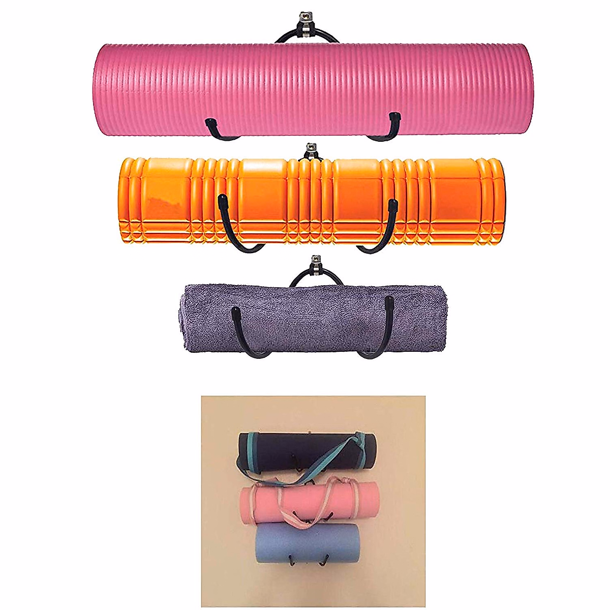 AUXPhome 3 Pack Wall Mount Foam Roller Holder and Yoga Mat Storage and Towel Rack - Flexible Adjustable Hooks - Ideal for Home, Small Studio,Fitness Class or Commercial use
