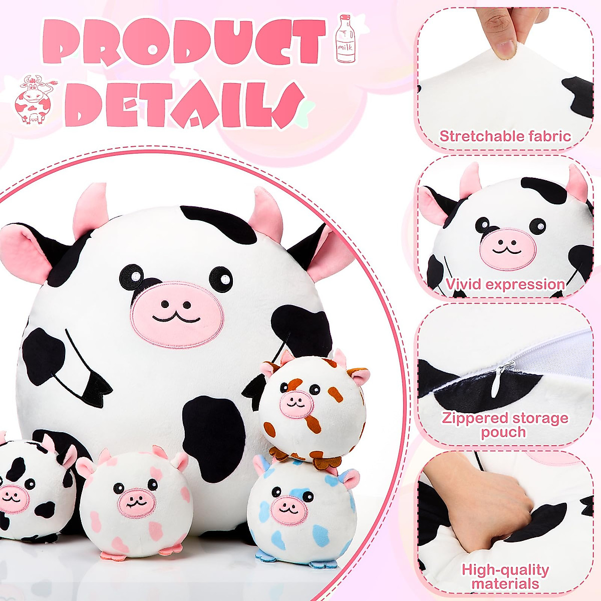 HyDren Cow Plush Pillow Set Mommy Cow Stuffed Animal with 4 Cute Small Spotted Babies Cow Stuffed Animal Plushies Toy Gifts for Boys Toddlers Kids Birthday Party Decor