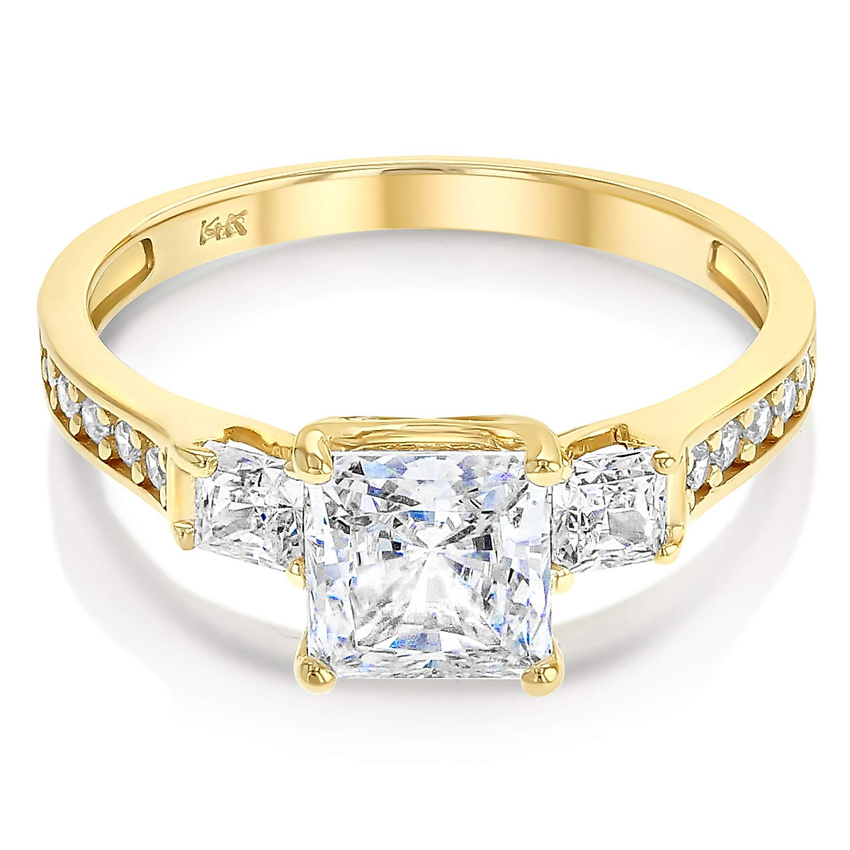 Ioka - 14K Solid Yellow Gold 1.5 Ct. Princess Cut 3 Stone CZ Engagement Ring With Stones in Band - Size 9
