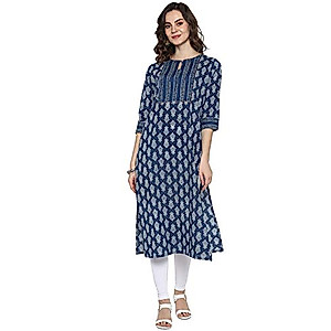 Janasya Women's Blue Printed Cotton Kurta