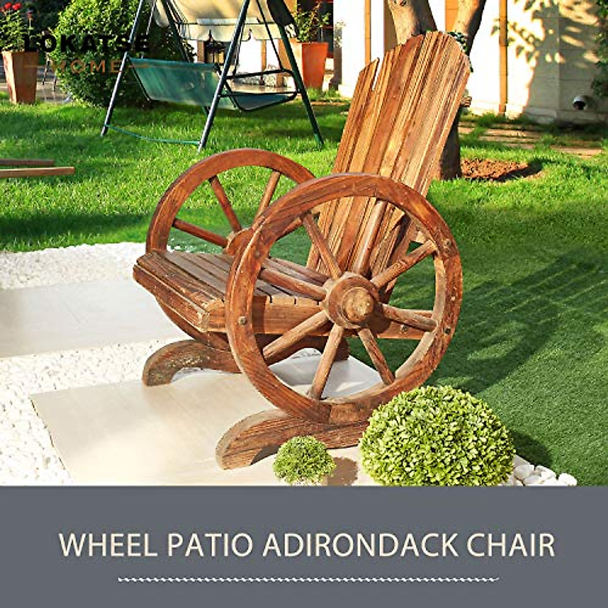 LOKATSE HOME Wood Wagon Outdoor Adirondack Chair with Wheel Armrest for Patio, Garden, Country Yard, Wooden