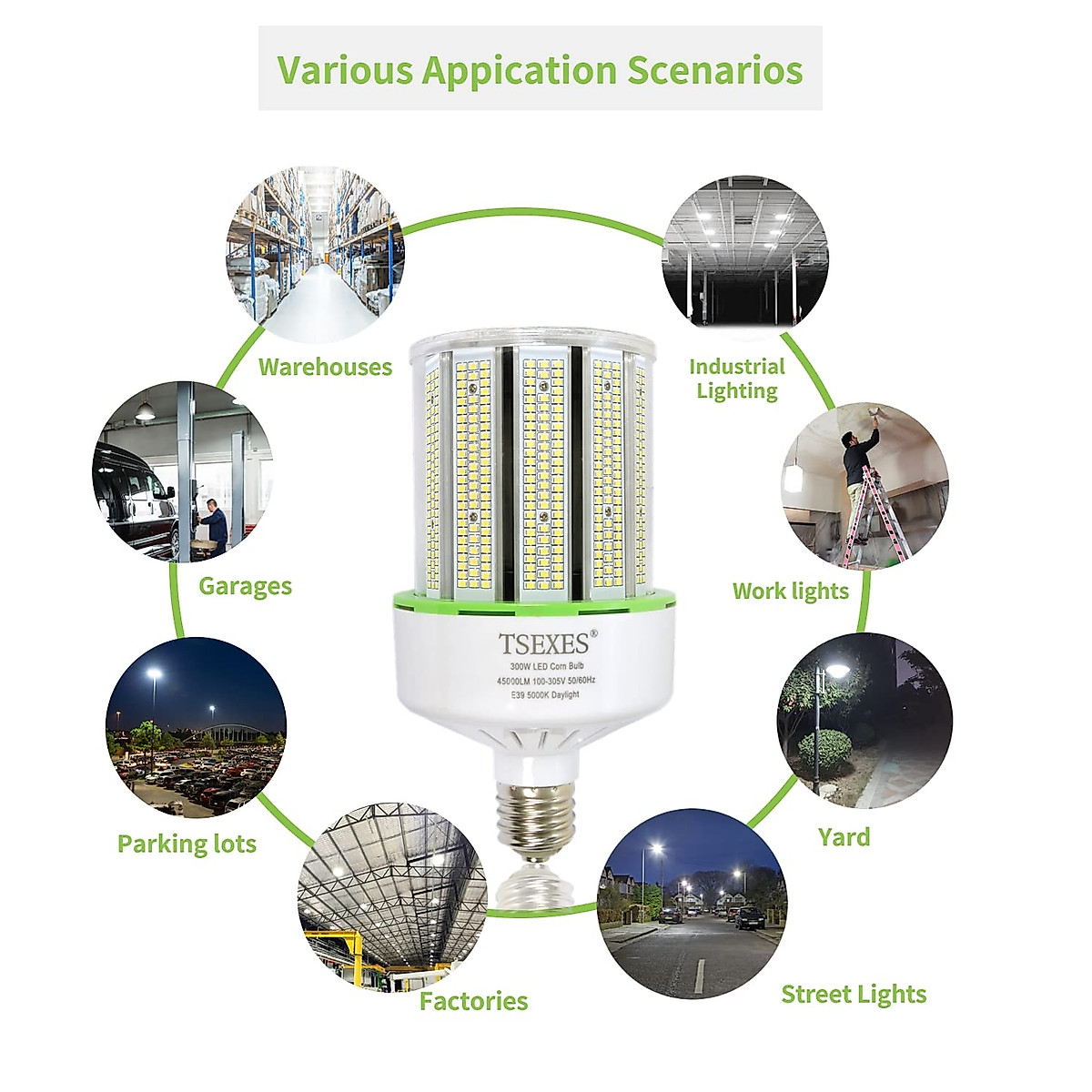 TSEXES 300W LED Corn Bulb, E39 Light Bulb Base,45000Lm 5000K,Replacement for 1000W HID,MH, HPS Parking lot High Bay Work Shop