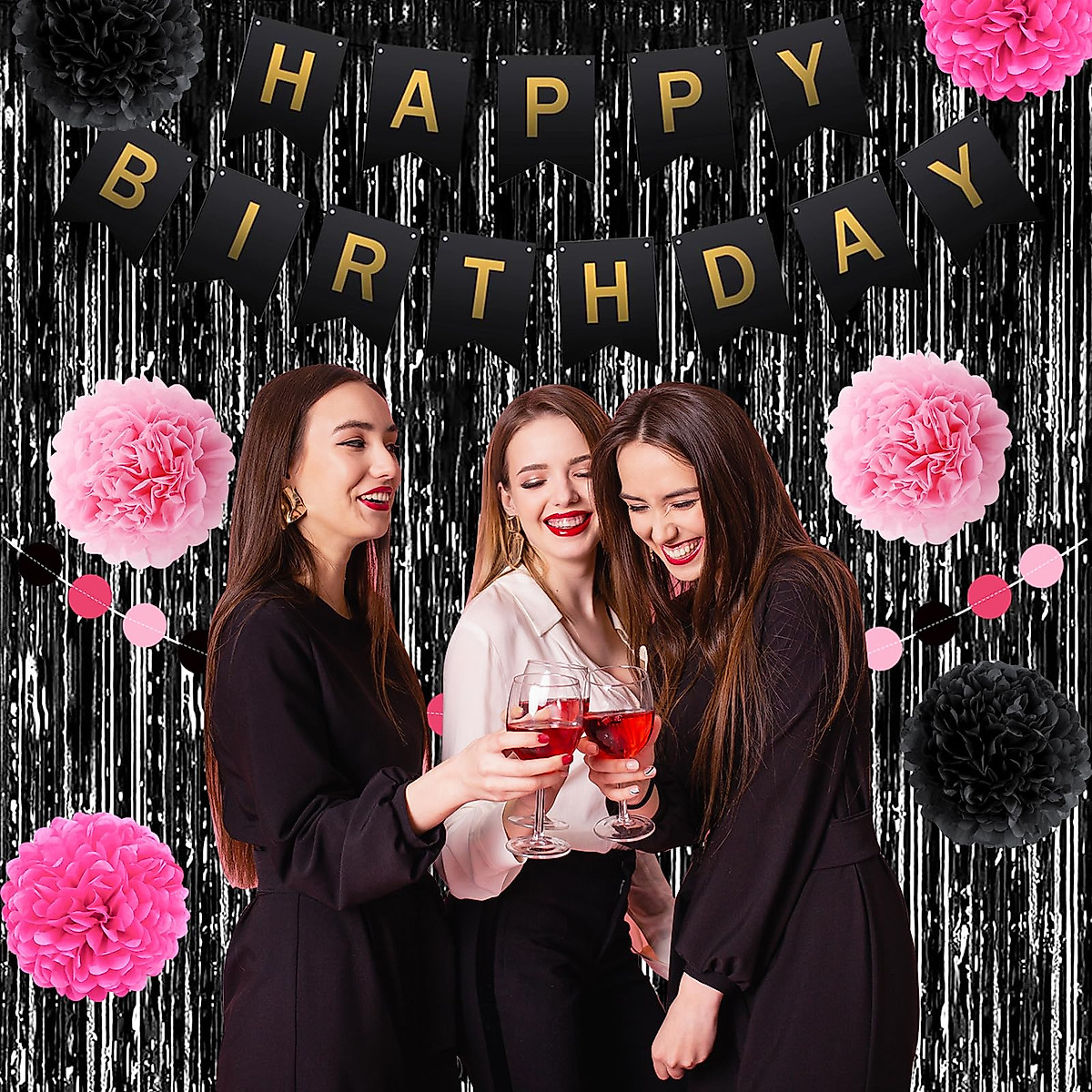 Black and Pink Birthday Party Decorations for Girls Women Happy Birthday Banner, Black Foil Fringe Curtain, Paper Pom Poms for girls Women Birthday Pink Black Party Supplies