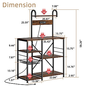 JAMFLY Bakers Rack with Power Outlet, Microwave Stand, kitchen Storage Shelf with 6 Hooks, Coffee Bar Station with Wire Basket, 6 Tier Kitchen Rack for Living Room, Spice, Pots and Pans Organizer