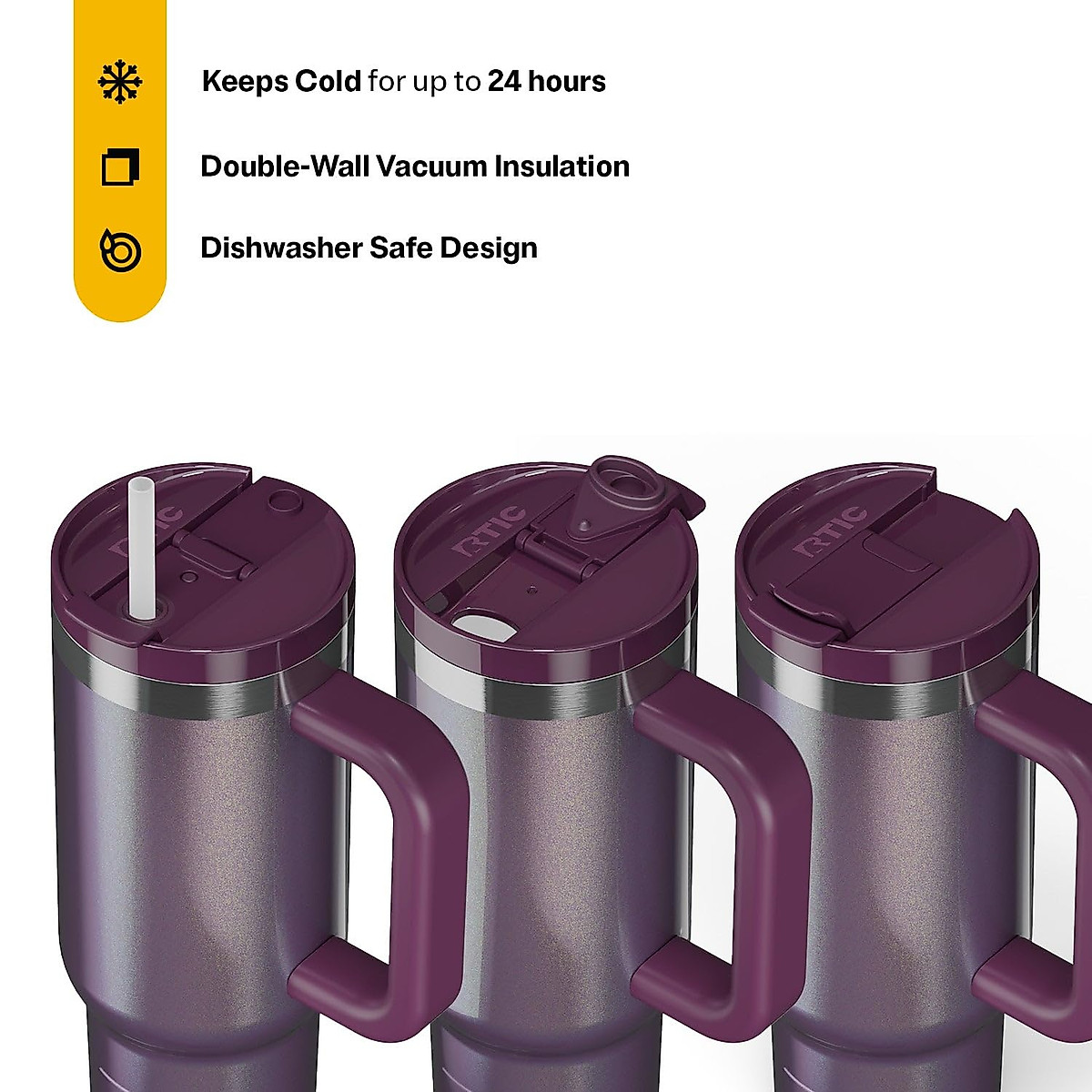 RTIC 30 oz Road Trip Tumbler Double-Walled Insulated Stainless Steel Portable Travel Coffee Mug Cup with Lid, Handle and Straw, Plum Glitter