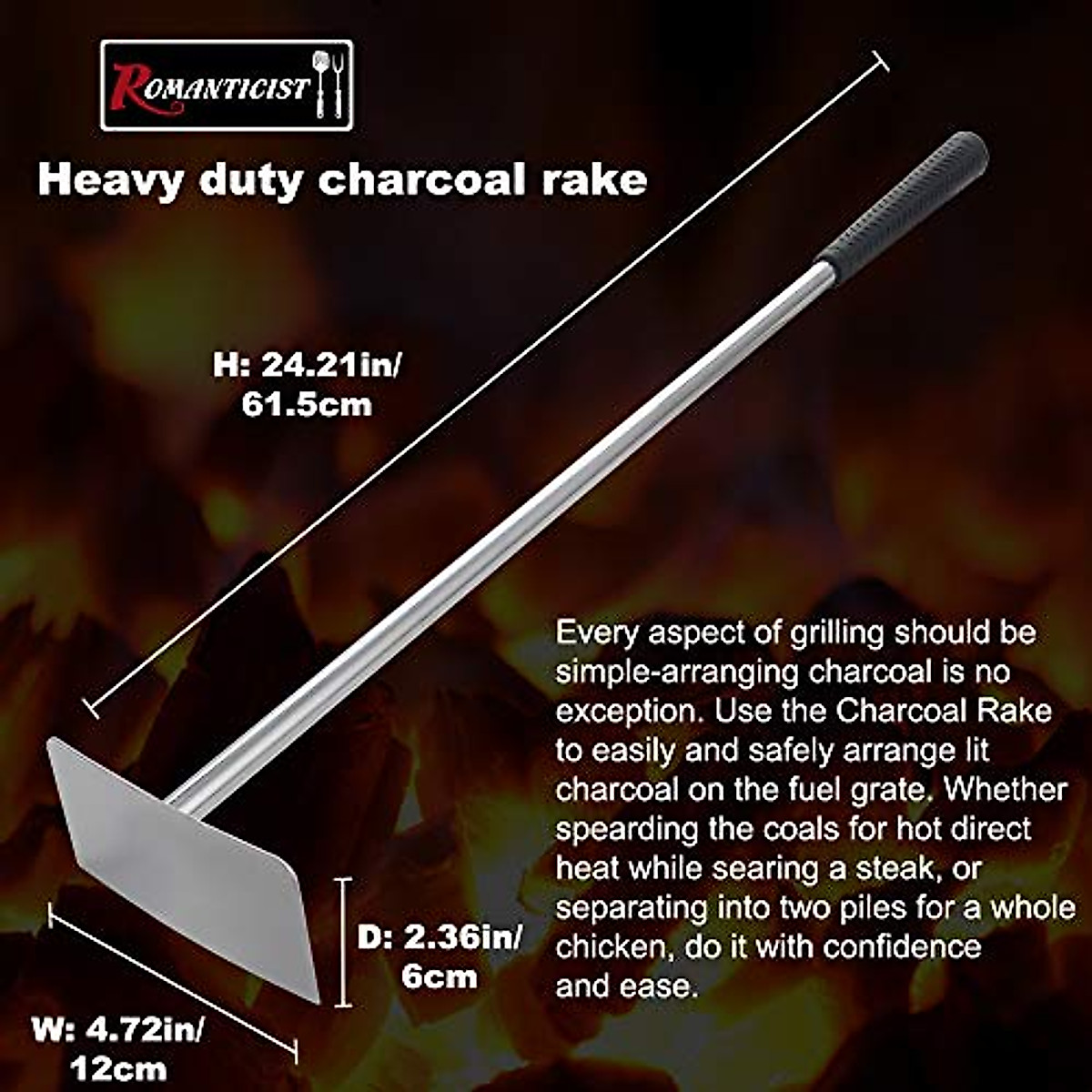 ROMANTICIST Heavy Duty Stainless Steel Ash Tool Rake with 24” Long Rubber Handle for Big Green Egg Kamado Joe and Other Charcoal Grills - Wood Burning Stove Charcoal Pellet Poker Grilling Accessories