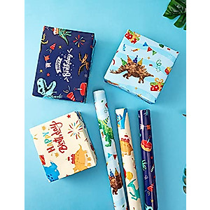 Dinosaur Wrapping Paper Rolls - 3 Rolls 17” x 120” Happy Birthday Wrapping Paper Kids Wrapping Paper Rolls Boy Dinosaur Gift Wrap Paper Dinosaur Party Favor Happy Bday Wrap with Cutting Line on Back