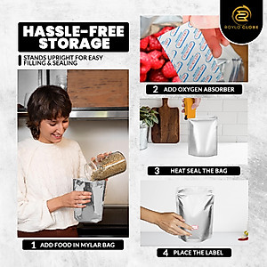 120 Mylar Bags with 150 Oxygen Absorbers-168 Labels & Stand-Up Reusable Bags- 4 Sizes Airtight Smell Proof Bags - Resealable Bags with 15 Clips-11 MIL Food Storage Bags-Large Mylar Bags