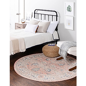 Unique Loom Whitney Collection Traditional Border Powder Pink Round Rug (3' 3 x 3' 3)