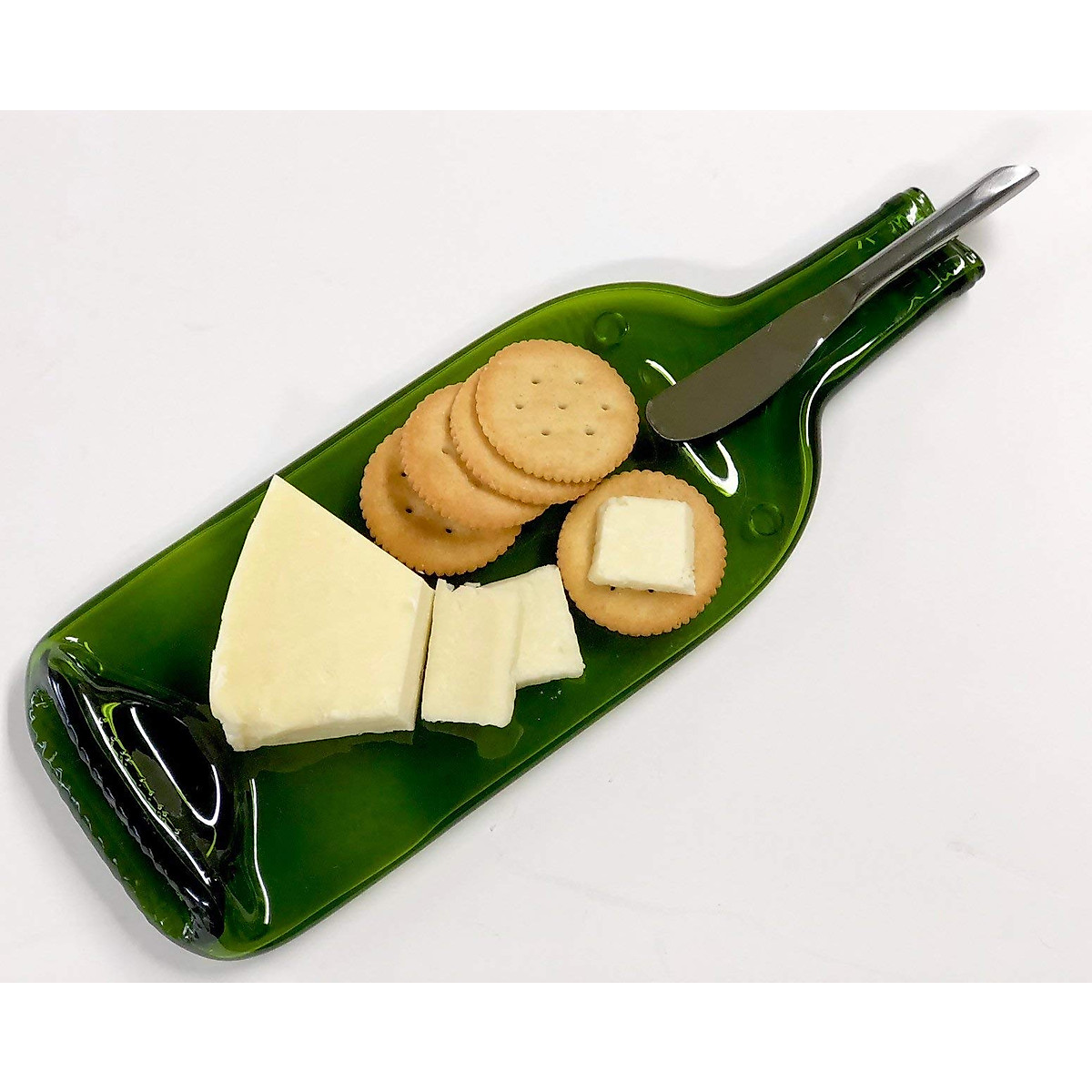 Melted Wine Bottle Cheese Serving Tray with Cheese Spreader and Red Ribbon, Unique Christmas Gift by Mitchell Glassworks