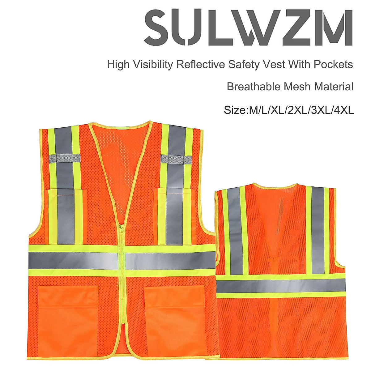 SULWZM High Visibility Reflective Safety Vest with Zipper and Pockets Orange,M