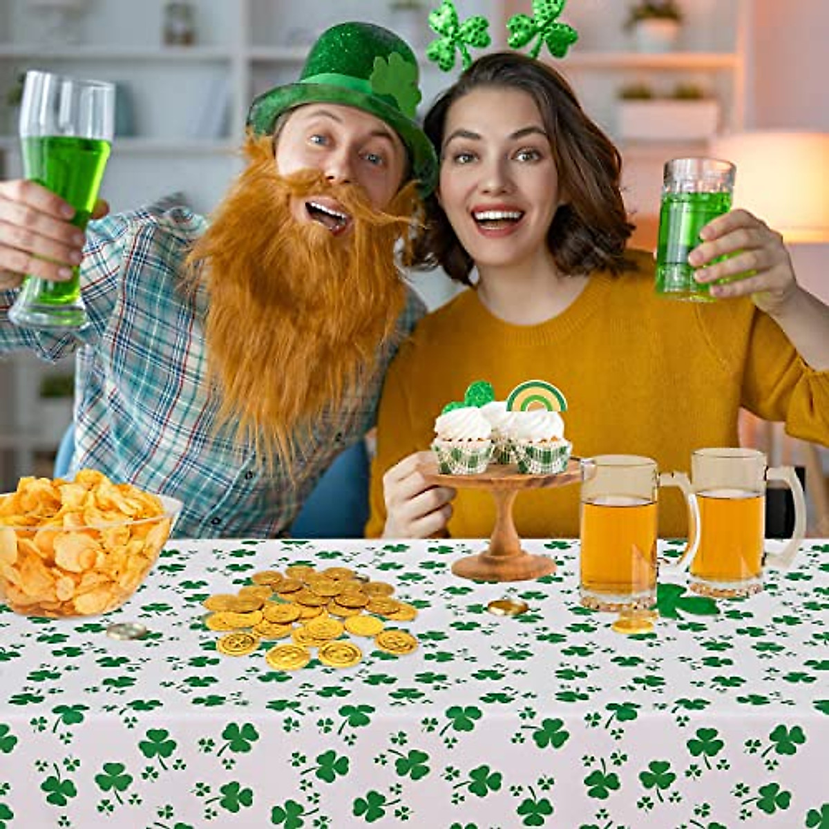 LUSHVIDA St.Patrick's Day Rectangle Table Cloth, 60 x 84 Inch, Shamrock Patterned Irish Clover Washable Microfiber Tablecloth Decorative Table Covers for Picnic Party, 100% Polyester, 150 GSM
