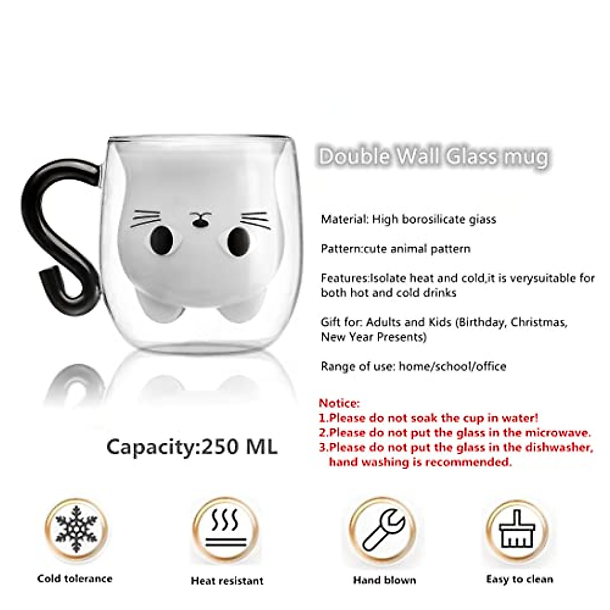 Phitihui Cat Mugs, Double Wall Glass Cute Coffee Tea Cup, Graduation Valentines Mothers Day Easter Halloween Christmas Gifts for Women Wife Mum Her Girl Teacher Friend, Birthday Present Idea (Black)