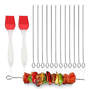 Kabob Skewers, Stainless Steel Shish Grilling Skewers Set, BBQ Barbecue Shish Kabob Sticks Skewers for Grilling Meat Shrimp Chicken Vegetable, 12pcs shish kabob skewers + 2pcs Bonus Silicone Brush