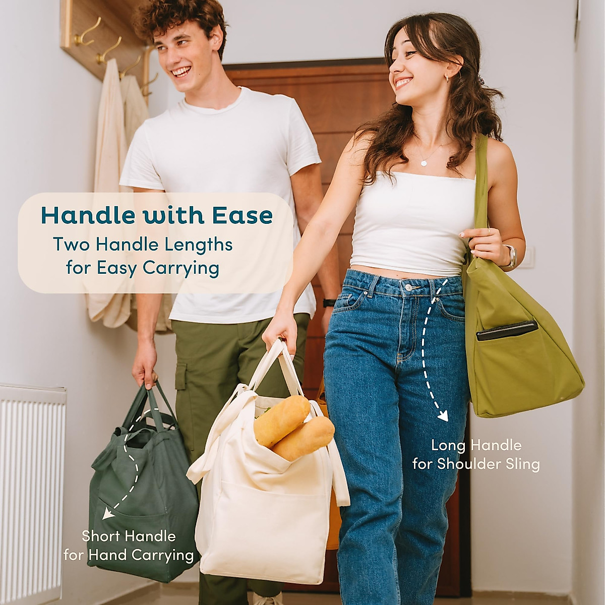 Nook Theory 3 Pcs Reusable Grocery Bags - Heavy Duty Canvas Bag, Large Grocery Tote for Shopping, Picnic, and Daily, 100% Cotton (Ocean)