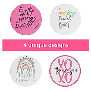 Assorted Cute Packaging Stickers - Roll of 500 - Four Fun Designs - 1.5" Round Glossy Sealers for Small Business - Happy Mail - Thank You for Your Business/Pretty Things Inside