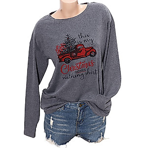 GLIGLITTR Women Dress Shirt Christmas Long Sleeve Tunic Top Christmas Movie Watching Shirt Xmas Tree Oversized T-Shirt Blouse(Grey, Large)