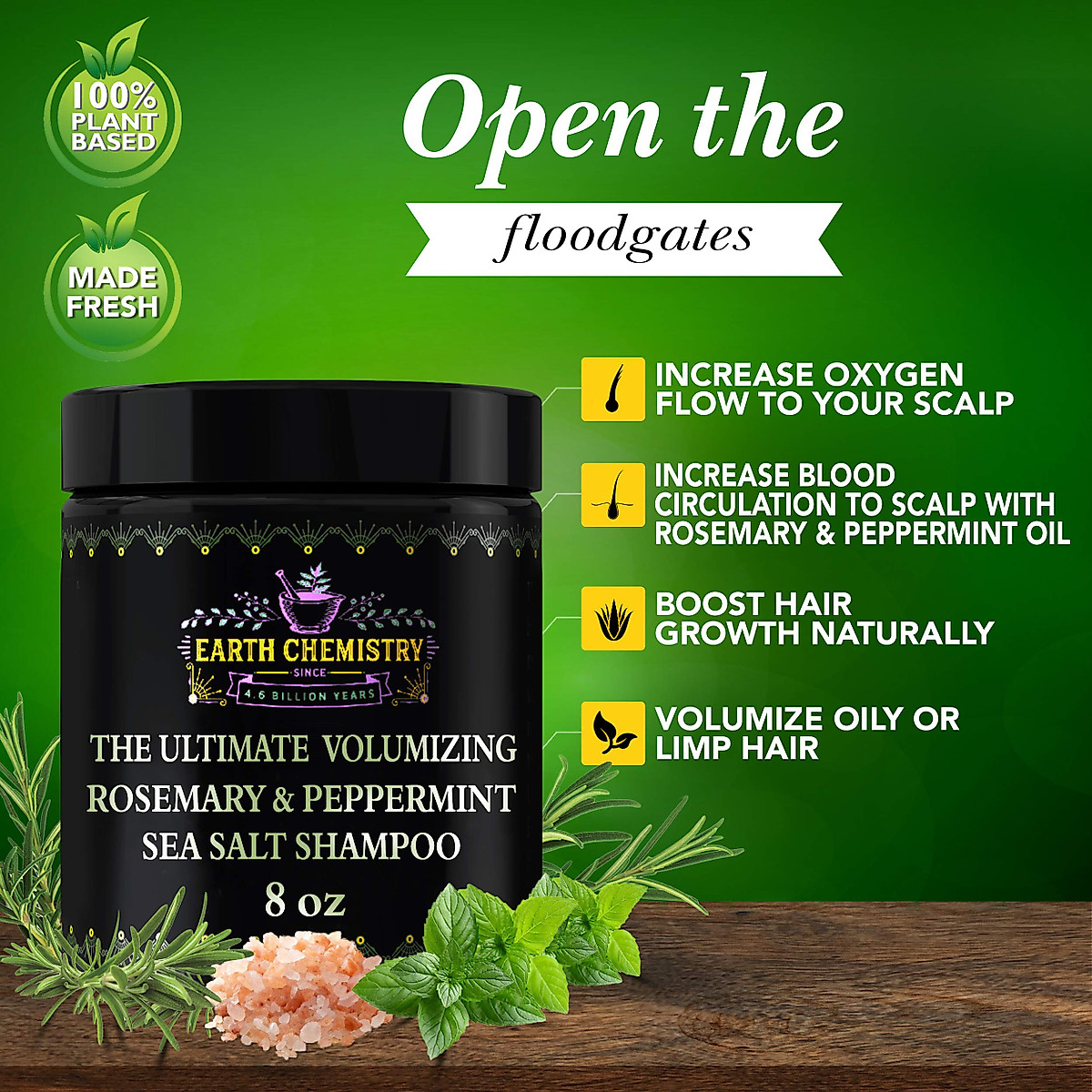 Earth Chemistry Rosemary & Peppermint Volumizing Sea Salt Shampoo, DHT Blocking Shampoo, Volumize Oily or Thin Hair, Stimulate Hair Growth