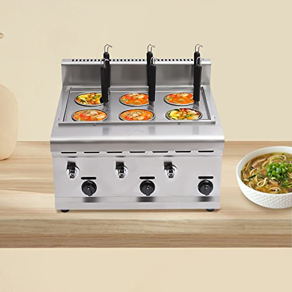 6 Holes Commercial Noodle Cooking Machine Propane Gas Noodle Pasta Desktop Cooker Ramen Cooker Kitchen Stainless Steel Noodle Machine for Restaurants,Noodle Shops