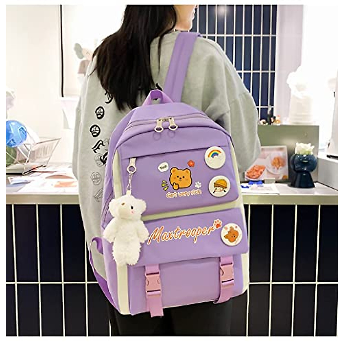 5pcs Cute Aesthetic Backpack Set for Girls Kawaii Large Canvas Shoulder Bag Preppy School Accessories (Purple)