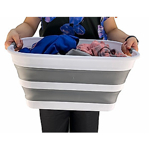 SAMMART Collapsible Plastic Laundry Basket with Dual Grip Handles 27L (7.1 Gallons) -Foldable Pop Up Storage Container/Organizer - Portable Space Saving Washing Tub/Hamper (1, White/Steel Grey)