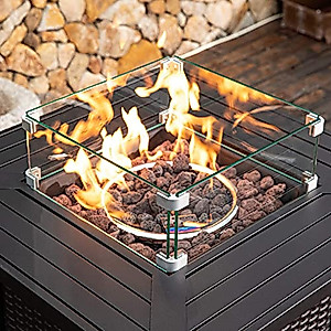 COSIEST Outdoor Metal Fire Table, 28-inch Square Black Brown Fire Pit Outdoor Companion, 40,000 BTU Auto-Ignition w Imitation Wicker Base w Glass Wind Guard, Free Brown Lava Rocks