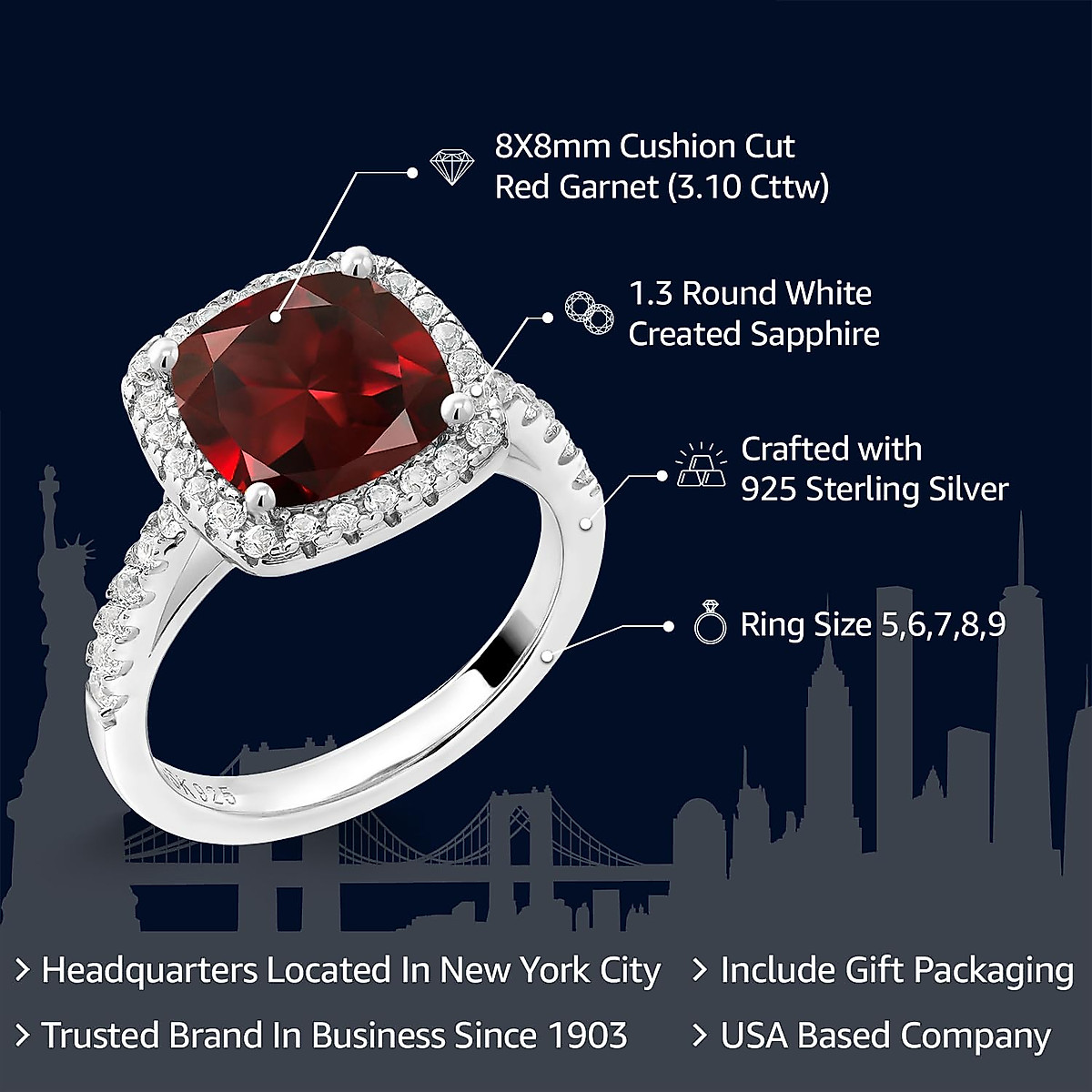 Gem Stone King 925 Sterling Silver Red Garnet and White Created Sapphire Ring For Women (3.10 Cttw, Cushion Cut 8MM, Gemstone Birthstone, Available In Size 5,6,7,8,9)