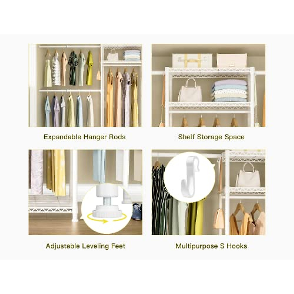 Ulif M3 Clothes Rack Closet Organizer and Storage System 3 Tiers Built-in Wall Mounted Heavy Duty Garment Rack with 4 Expandable Hanger Rods, Fits Space 4.3-9.3 ft, 72.2"H, Load Capacity 710LBS, White