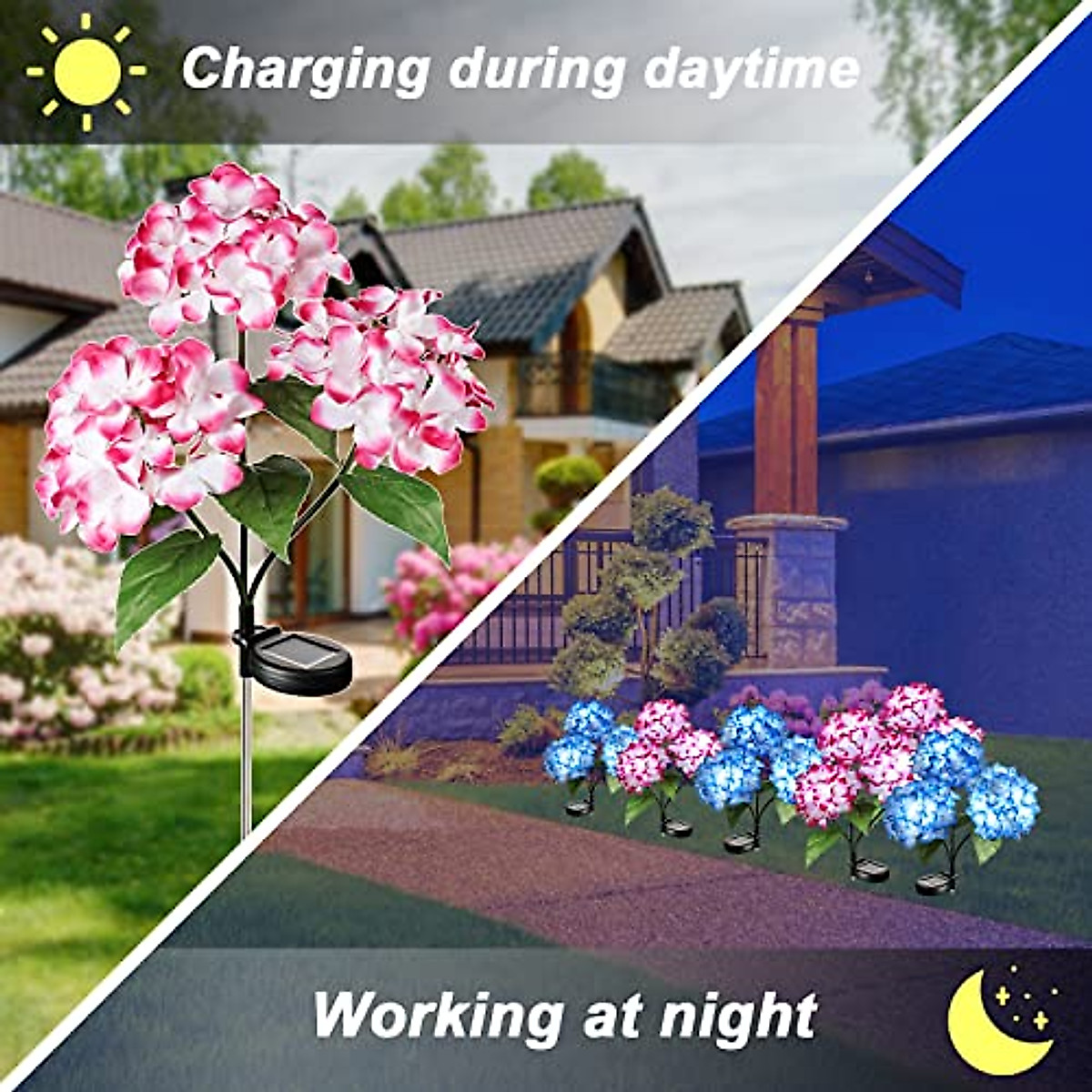 Solar Flower Lights-2 Pack Waterproof Solar Garden Flower Lights with Solar Hydrangea Stake, Solar Decorative Lights for Patio, Courtyard, Garden Lawn (Blue & Rose Red)