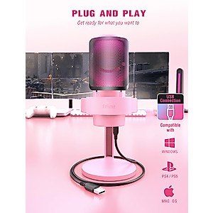 FIFINE USB Streaming Gaming Microphone, PC Condenser Desktop Mic for Video, Home use, YouTube, with RGB Control, Gain Knob, 3.5mm Headphone Jack, Shock Mount, on Computer/PS5-AmpliGame A8 Pink