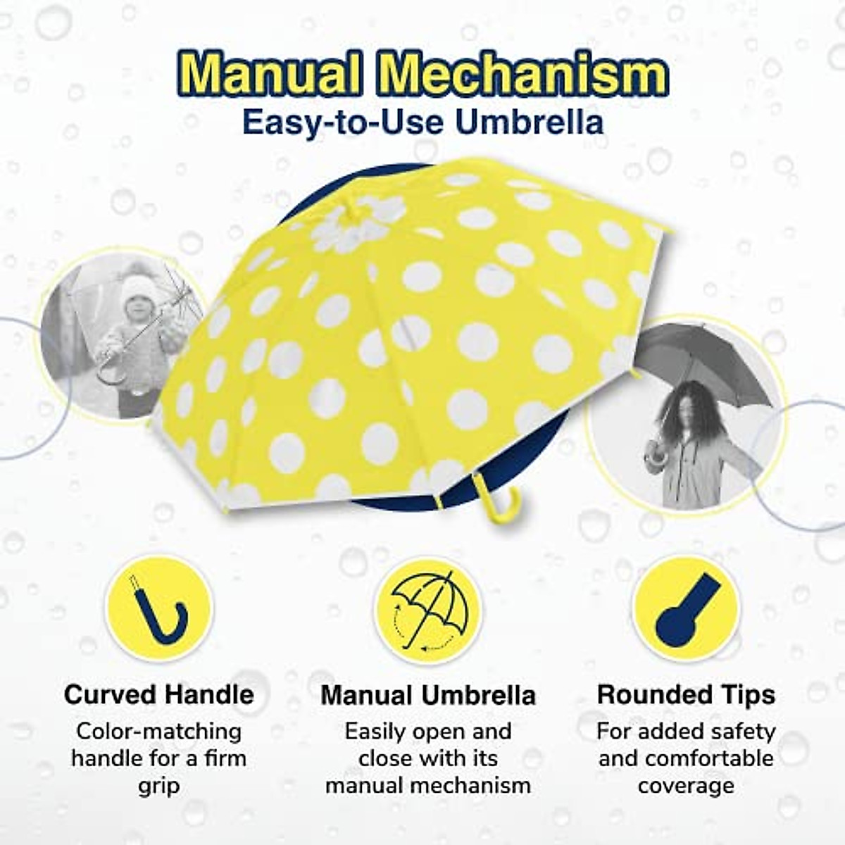 The Weather Station Children's Mini Manual Rain Umbrella, Fiberglass, Windproof, Lightweight, and Packable for Travel, Full 32 Inch Arc, Yellow Dot