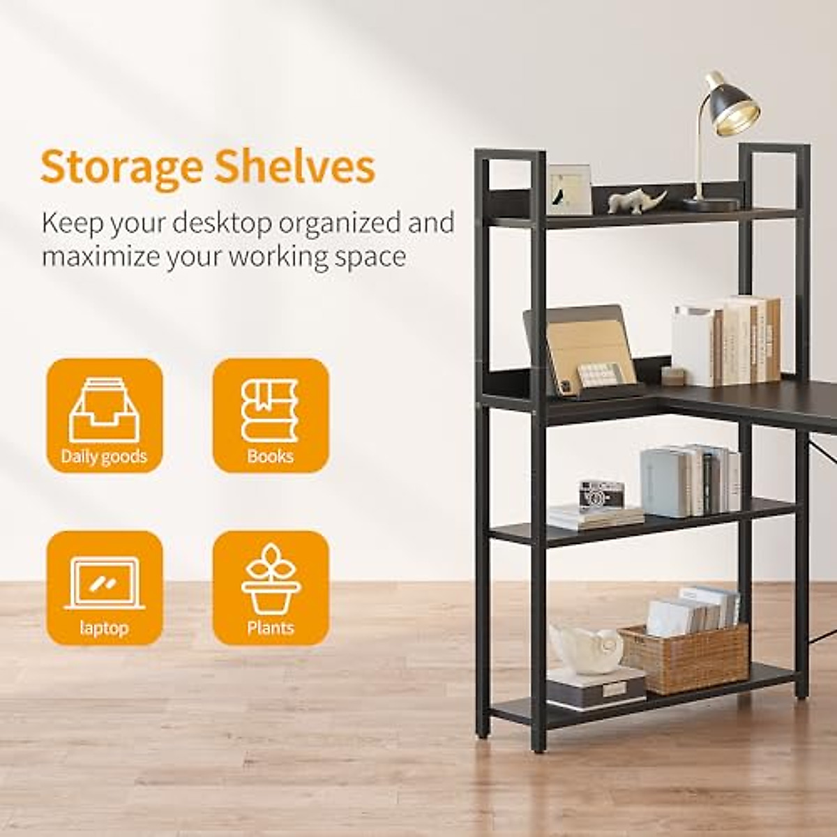 CubiCubi Computer Corner Desk with Storage Shelves, 55 Inch Reversible Small L Shaped Computer Desk, Home Office Writing Desk with 2 Hooks, Black