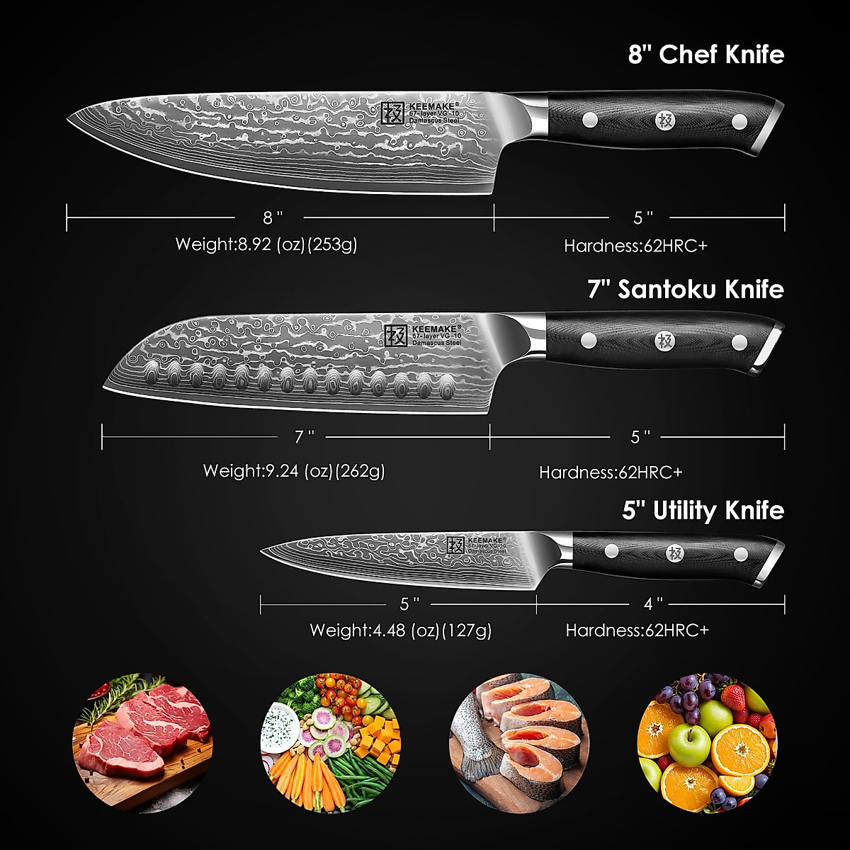 KEEMAKE Damascus Knife Set 3 PCS, Razor Sharp Kitchen Knife Set, 67 Layers Damascus Steel Knife, Japanese Chef Knife Set with Full Tang Ergonomic Handle, Kitchen Knives for Meat Vegetable Cutting