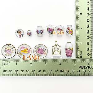 iLAND Miniature Dollhouse Accessories for Dollhouse Furniture, Mini Porcelain Vases and Decorative Plates w/a Desk Clock (Elegant Rose 11pcs)
