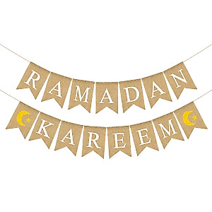 2 Pack Ramadan Kareem Banner Burlap - Ramadan Kareem Decorations - Rustic Ramadan Kareem Bunting Banner for Mantle Fireplace - Ramadan Party Decor Supplies