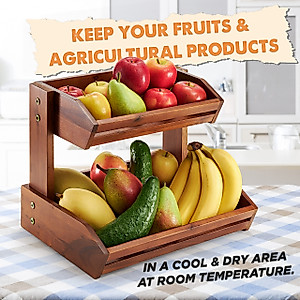 HOLANA Acacia Wood Fruit Basket - 2-Tier Fruit Bowl for Kitchen Counter, Large 14x10 in, Fruteros Para Cocina, Fruit and Vegetable Storage (2 Tier)