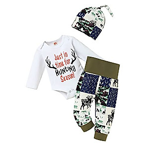 Newborn Baby Boy Clothes Outfits Letter Print Romper + Hunting Elk Pants+Hat 3PC Clothing Set (C-White, 0-3Months)