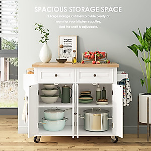 43“ Rolling Mobile Kitchen Island Cart on Wheels with Drawers, Storage Cabinet, Rubberwood Countertop and Spice/ Towel Rack, Adjustable Shelves, White