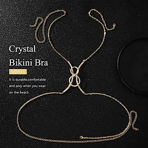 Bodiy Crystal Body Chain Bra Gold Rhinestones Chest Chains Bikini Rave Party Jewelry Circle Sparkly Accessories for Women and Girls