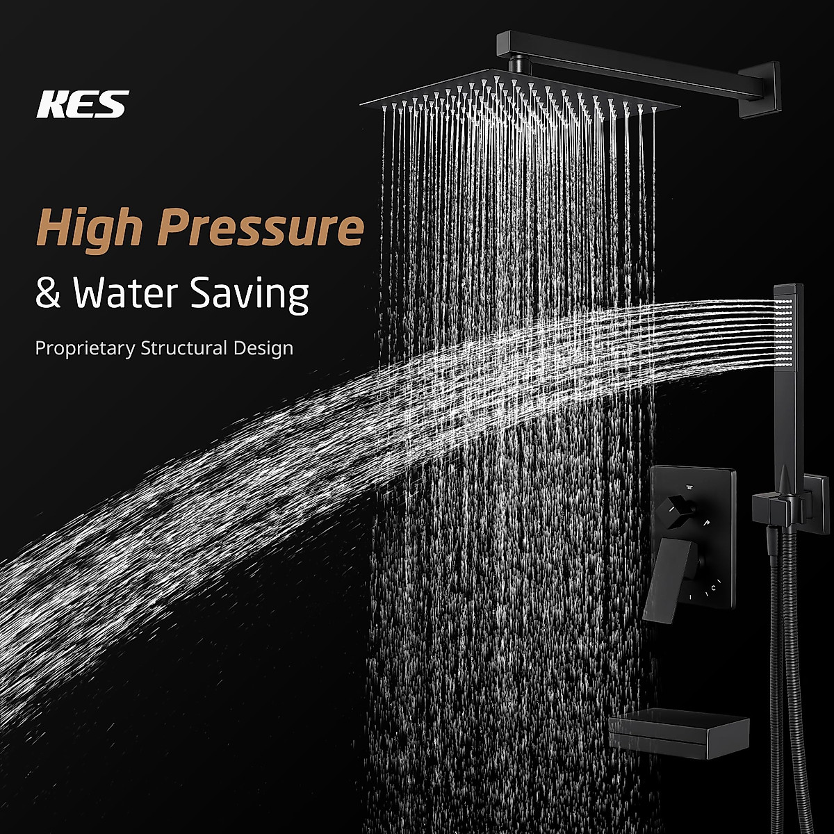 KES Shower System with Tub Spout Bath Shower Faucet Set Complete 10 Inch Rain Shower with Handheld Spray Pressure Balance Black, XB6305-BK