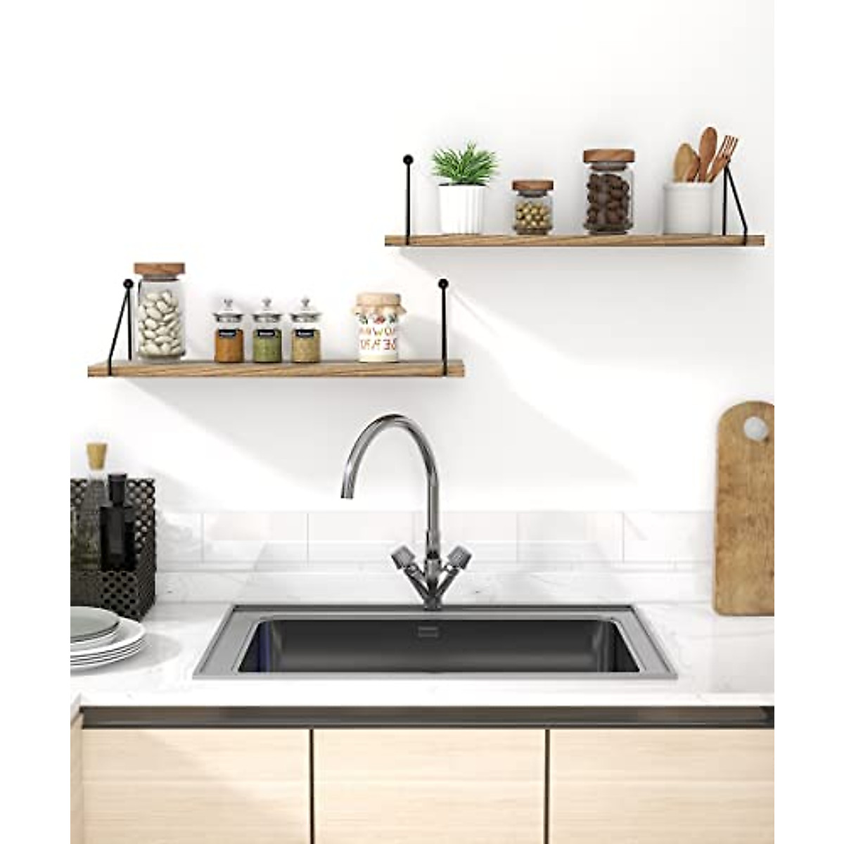 SUMGAR 24 Inch Floating Shelves Long Shelf for Wall Decor, Rustic Large Wood Wall Mounted Hanging Storage Shelves with Black Metal Brackets for Bathroom Kitchen, Set of 2