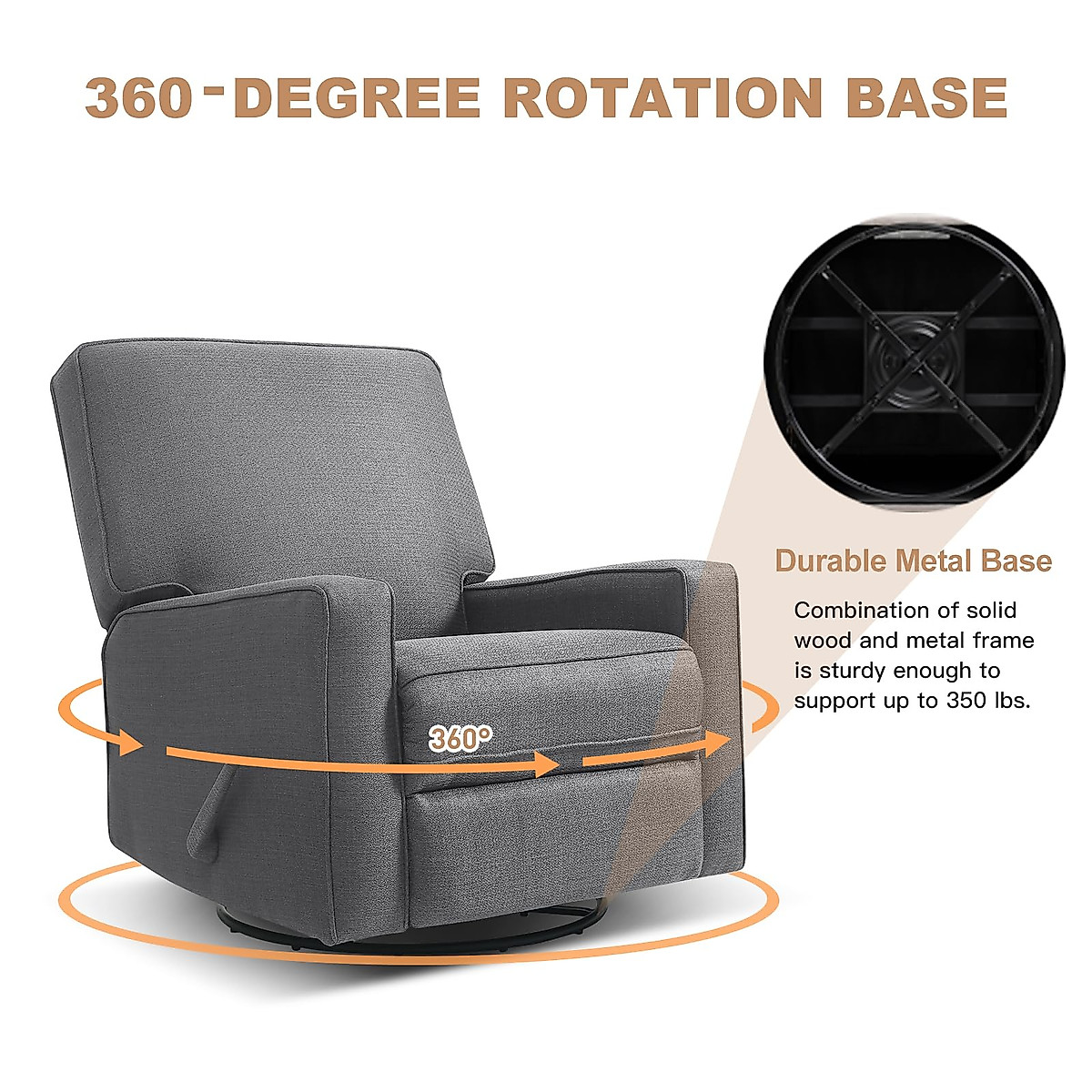 EASELAND 360 Swivel Recliner Chair, Comfy Upholstered Nursery Glider Rocking Recliner Chair, Single Gider Rocker Sofa Chair with Lumbar Support for Living Room, Bedroom (Dark Grey)