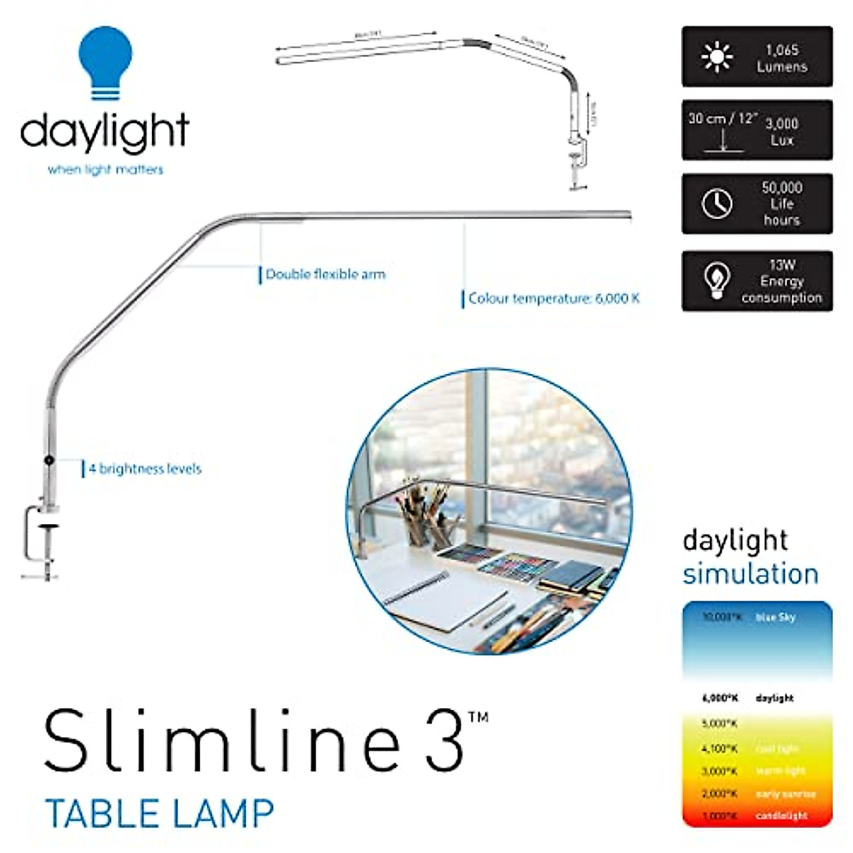 Daylight U35108 Clamp on, LED, Brushed Steel
