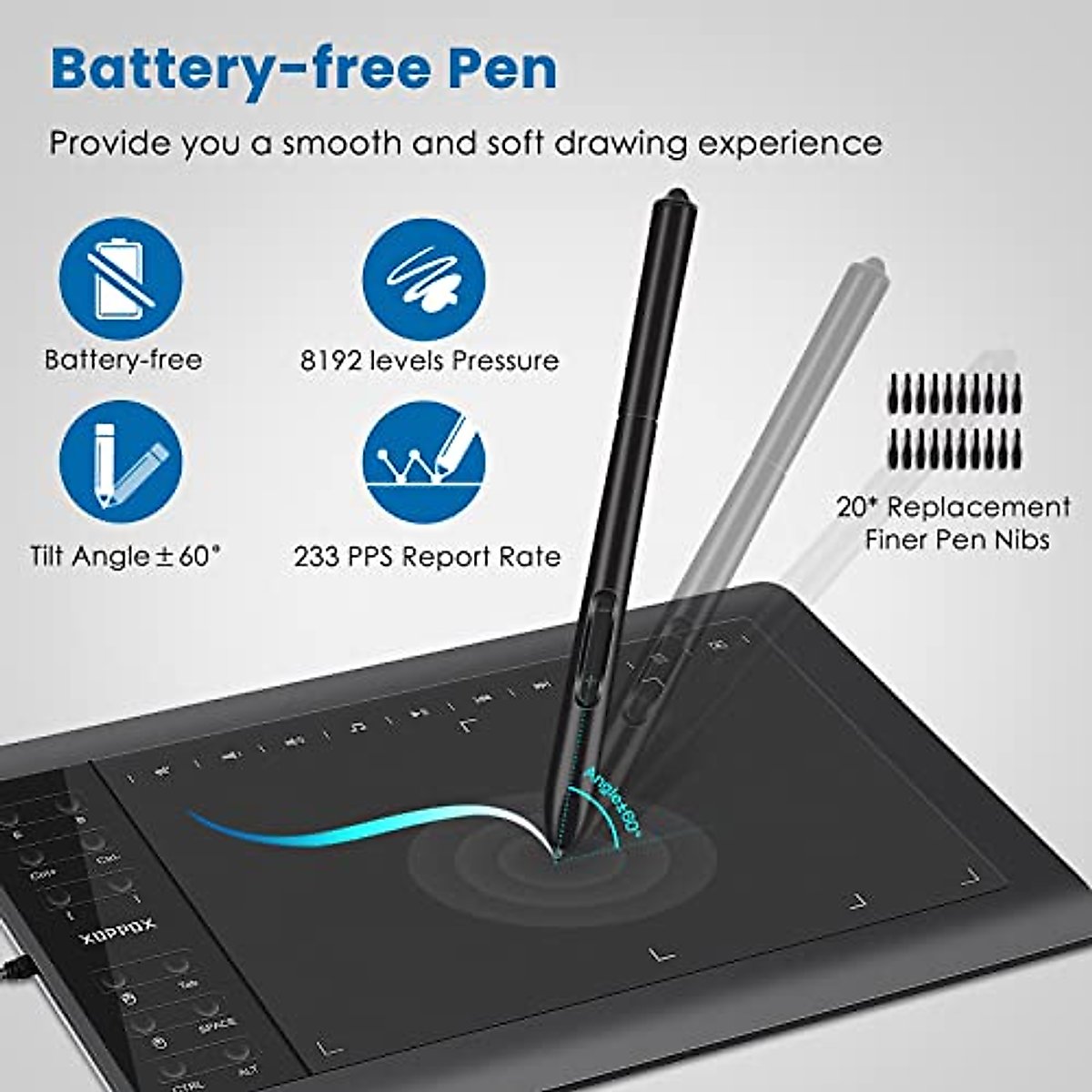 XOPPOX Graphics Drawing Tablet 10 x 6 Inch Large Active Area with 8192 Levels Battery-Free Pen and 12 Hot Keys, Compatible with PC/Mac/Android OS for Painting, Design & Online Teaching
