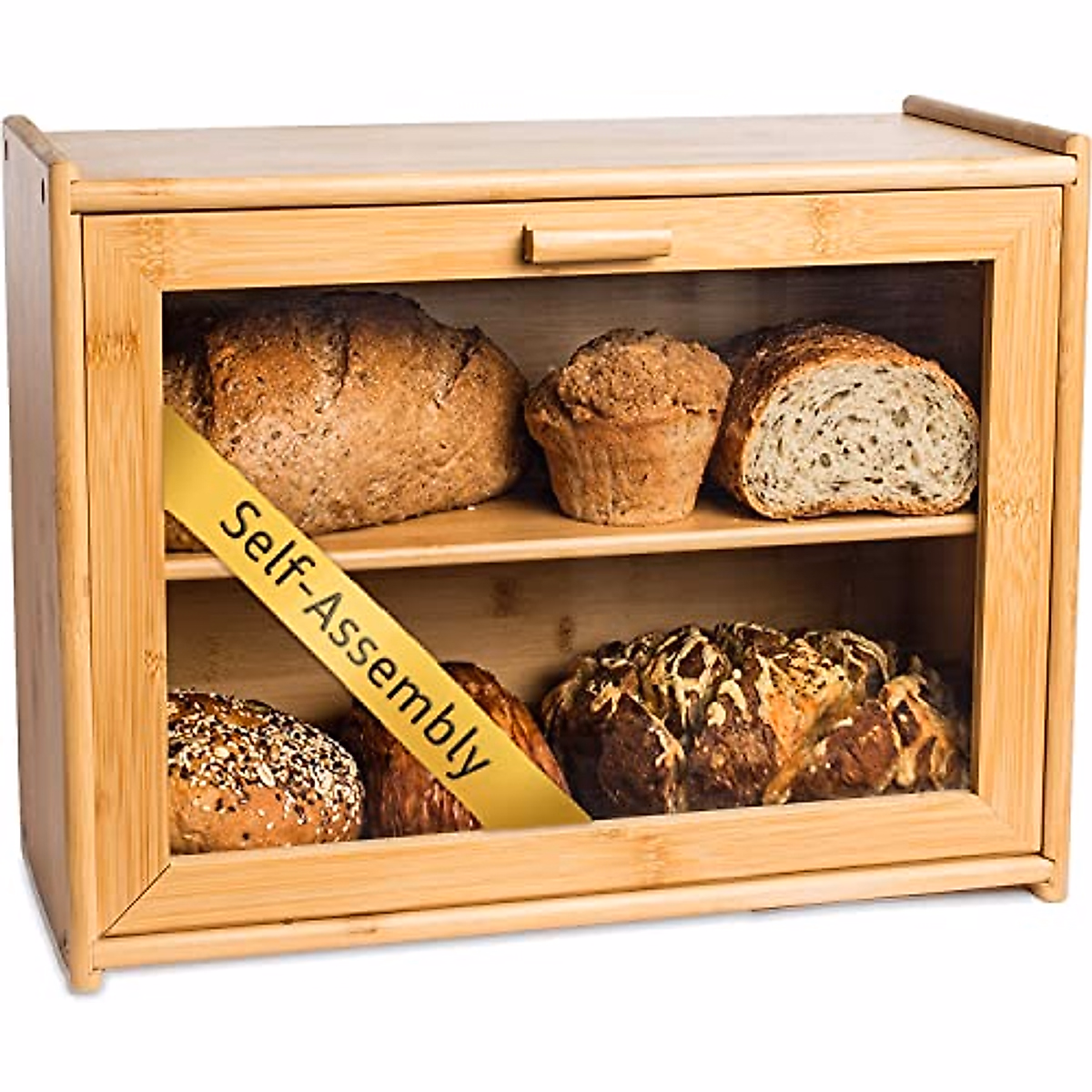 Laura's Green Kitchen Large Bread Box - Wood Bread Box with Clear Front Window - Farmhouse Style Bread Bin for Kitchen Counter - Double Layer Bread Storage Bin Holds 2 Loaves - Self-Assembly