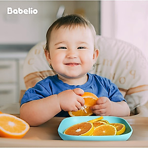 BABELIO Silicone Toddler Plates, 2 Pack Undivided Baby Self Feeding Utensils, BPA Free, Microwave, Oven and Dishwasher Safe, Soft and Durable Silicone Tray (Azure)