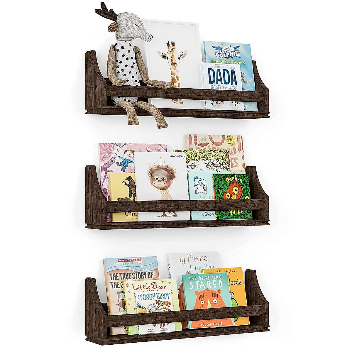 brightmaison Angel 20" Floating Shelves for Wall Decor, Toy Storage Shelf & Kids Bookshelf for Wall Nursery Book Shelves Wood Wall Shelves for Home Decor Set of 3 Brown