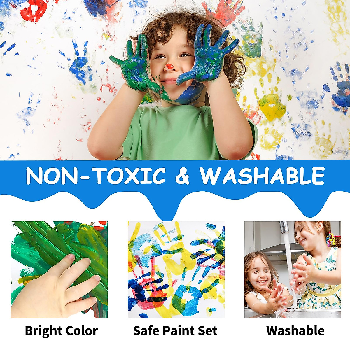 ABEIER Washable Finger Paint Kit for Toddlers, 12 Colors with Paint Tools, Safe Non-Toxic, Baby Safe Paint for Hand and Feet, Mess Free Art Supplies for Kids, DIY Crafts, Kids Gifts, Ages 3+