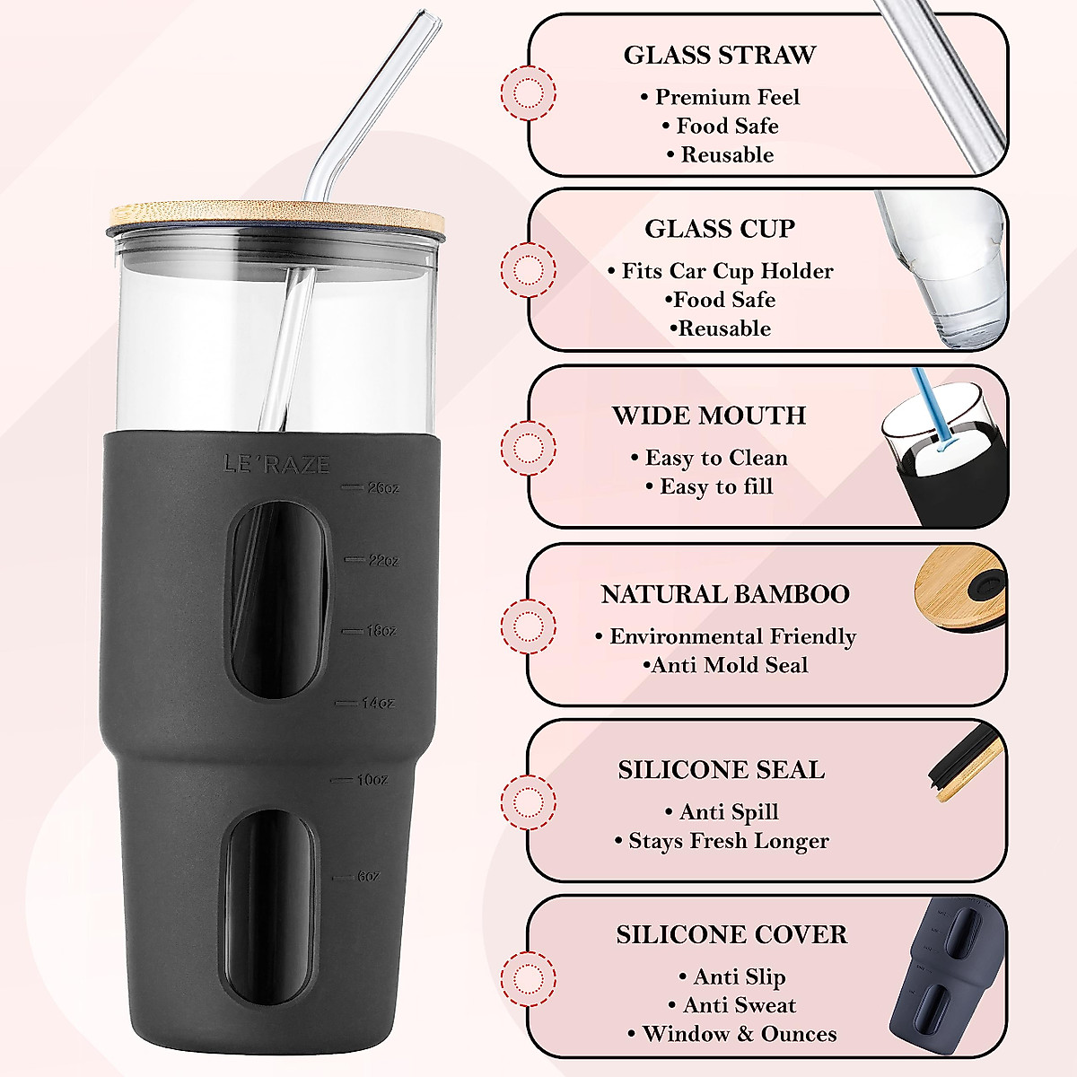 32oz Glass Tumbler with Straw & Bamboo Lid with Silicone Sleeve, Reusable Boba Smoothie Cup Iced Coffee Tumbler, Fits Cup Holder, Glass Water Bottle, BPA Free, Beer Mug & Stein Black